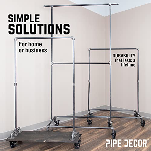 PIPE DECOR 39” x 20 ¼” x 82” Rolling Steel Pipe Double Rod Clothing Rack, Commercial or Residential Industrial Clothes Display, Heavy Duty Black Steel Metal Wheeled Garment Frame