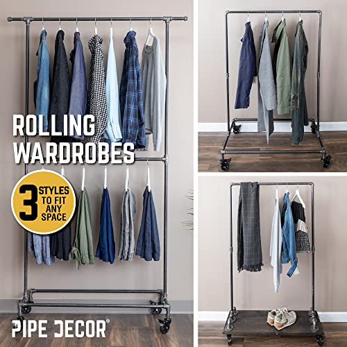 PIPE DECOR 39” x 20 ¼” x 82” Rolling Steel Pipe Double Rod Clothing Rack, Commercial or Residential Industrial Clothes Display, Heavy Duty Black Steel Metal Wheeled Garment Frame