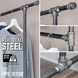 PIPE DECOR 39” x 20 ¼” x 82” Rolling Steel Pipe Double Rod Clothing Rack, Commercial or Residential Industrial Clothes Display, Heavy Duty Black Steel Metal Wheeled Garment Frame