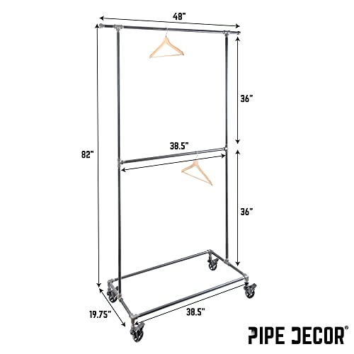 PIPE DECOR 39” x 20 ¼” x 82” Rolling Steel Pipe Double Rod Clothing Rack, Commercial or Residential Industrial Clothes Display, Heavy Duty Black Steel Metal Wheeled Garment Frame