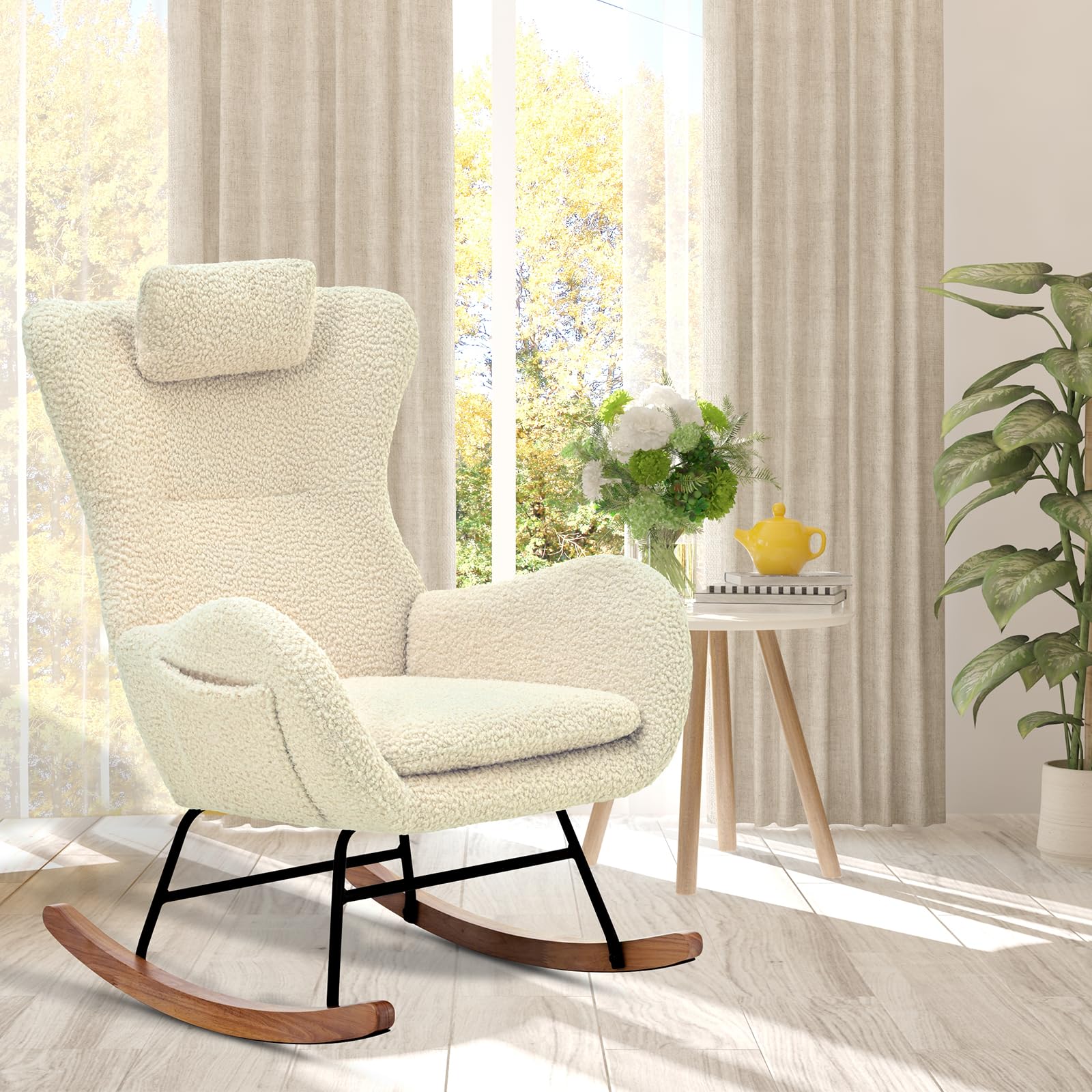 Kvutx Teddy Upholstered Nursery Rocking Chair - Comfy Beige Glider Rocker with Padded Seat, High Backrest, and Armrests for Living Room Bedroom Offices (Beige)