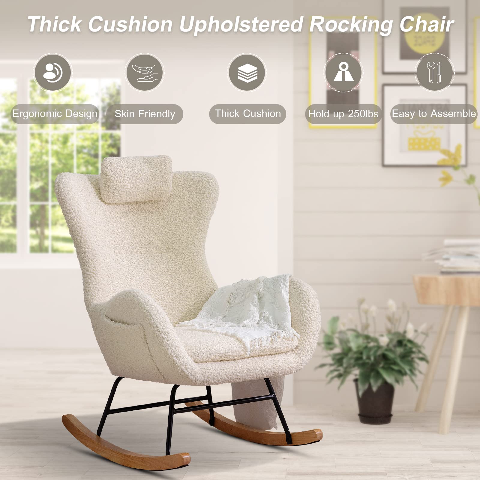 Kvutx Teddy Upholstered Nursery Rocking Chair - Comfy Beige Glider Rocker with Padded Seat, High Backrest, and Armrests for Living Room Bedroom Offices (Beige)