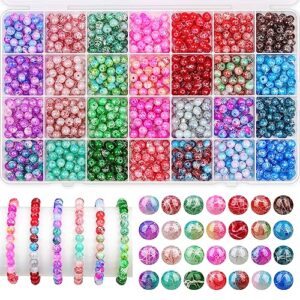 1000pcs glass beads for jewelry making kit, 6mm crystal pattern bead stone beaded, 28 colors bracelet making kit loose round crackle gemstone beads for men women diy craft necklace earring bracelet