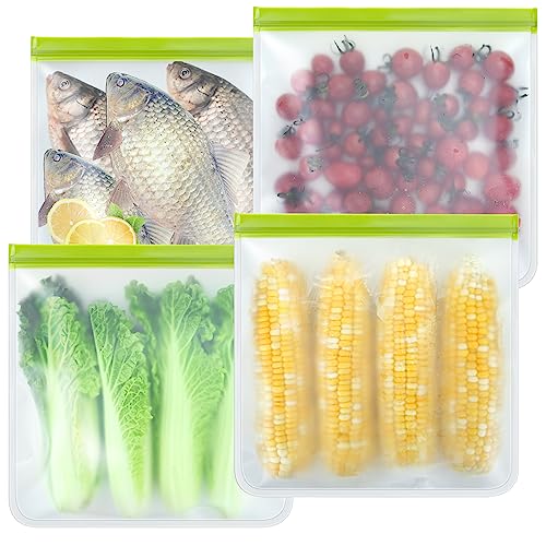 4 Pack Reusable Gallon Freezer bags,Silicone Ziplock Bags Reusable Storage Baggies,Reusable Food Storage Bags, Leakproof Food Storage Containers for Sandwich Snack Travel Picnic, Work, Home Use