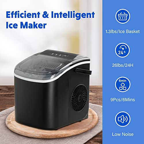 YSSOA Portable Ice Maker for Countertop, 9 Ice Cubes Ready in 6 Mins, 26lbs Ice/24Hrs, with Self-Cleaning Feature, Ice Spoon and Basket, for Home Kitchen Office Camper RV, Black