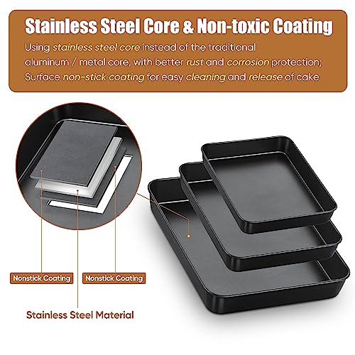 E-far Nonstick Baking Pans Set of 3, Rectangle Stainless Steel Sheet Cake Pan for Toaster Oven, 12.5/10.5/9.4 Inch, Black Bakeware for Brownie Lasagna Casserole Cake, Non-toxic & Healthy, 2 inch Deep