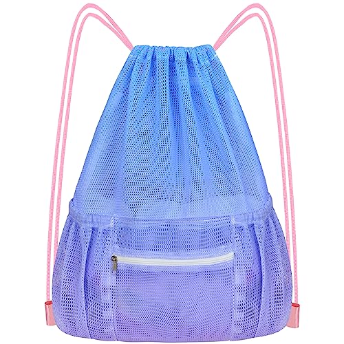 Mesh Drawstring Backpack, Large Sports Gym Bag for Women Kids with Pocket and Zipper Sackpack for Beach Yoga Football Soccer (Blue)