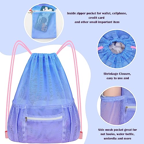 Mesh Drawstring Backpack, Large Sports Gym Bag for Women Kids with Pocket and Zipper Sackpack for Beach Yoga Football Soccer (Blue)