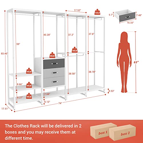 Aheaplus Wood Clothes Rack Wardrobe Closet for Hanging Clothes Heavy Duty Garment Rack, Large Corner L Shaped Closet System Organizers Walk-in Closet for Bedroom with 11 Shelves, 3 Wood Drawers, White