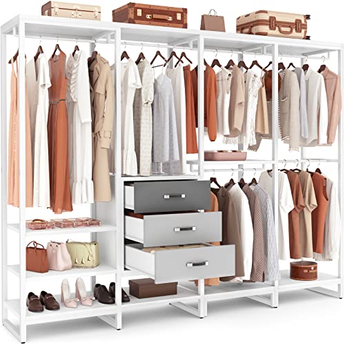 Aheaplus Wood Clothes Rack Wardrobe Closet for Hanging Clothes Heavy Duty Garment Rack, Large Corner L Shaped Closet System Organizers Walk-in Closet for Bedroom with 11 Shelves, 3 Wood Drawers, White