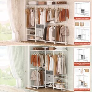 Aheaplus Wood Clothes Rack Wardrobe Closet for Hanging Clothes Heavy Duty Garment Rack, Large Corner L Shaped Closet System Organizers Walk-in Closet for Bedroom with 11 Shelves, 3 Wood Drawers, White