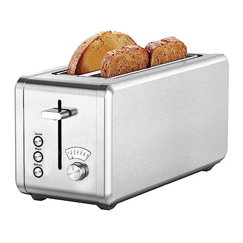 WHALL Long Slot Toaster 4 Slice Brushed Stainless Steel Toaster, 7 Toast Settings with Bagel/Cancel/Defrost Functions, Toaster Warming Rack&Removable Tray for Various Bread Types 1400W,Silver