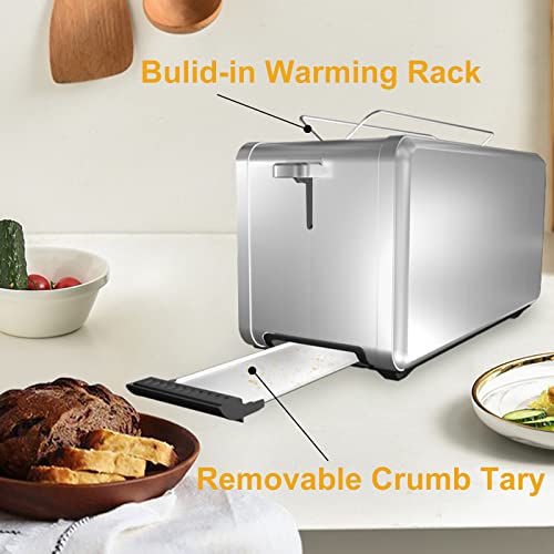 WHALL Long Slot Toaster 4 Slice Brushed Stainless Steel Toaster, 7 Toast Settings with Bagel/Cancel/Defrost Functions, Toaster Warming Rack&Removable Tray for Various Bread Types 1400W,Silver