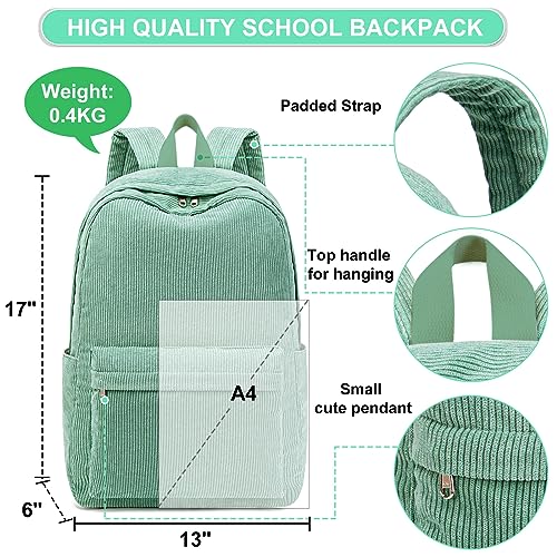 School Backpack for Teens Large Corduroy Bookbag Lightweight 17 inch Laptop Bag for Girls Women Casual High School College Work (Green, 17 inch)