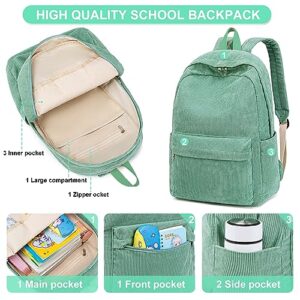 School Backpack for Teens Large Corduroy Bookbag Lightweight 17 inch Laptop Bag for Girls Women Casual High School College Work (Green, 17 inch)