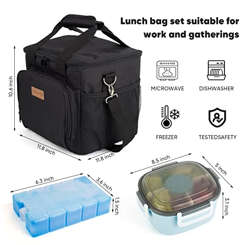 EastMayPoc Lunch Bag Set for Men–24L Insulated Lunch Bag,1.3L Lunch Box,2 Ice Packs,Bottom Plate,Shoulder Strap.Waterproof,Leak-proof,Sturdy Zipper-Versatile for Work,Gatherings,Beach-Holds 24 Cans