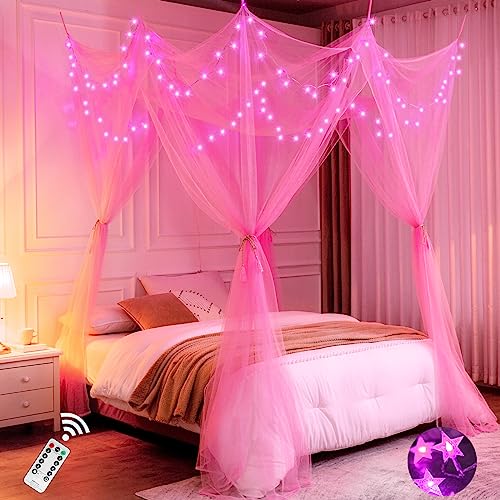 Pink Bed Canopy with Lights for Girls, 8 Corners Post Canopy Bed Curtain with Pink LED Star Lights Remote Control for Girls Bedroom, Hanging Princess Canopy for Twin Full Queen King Bed