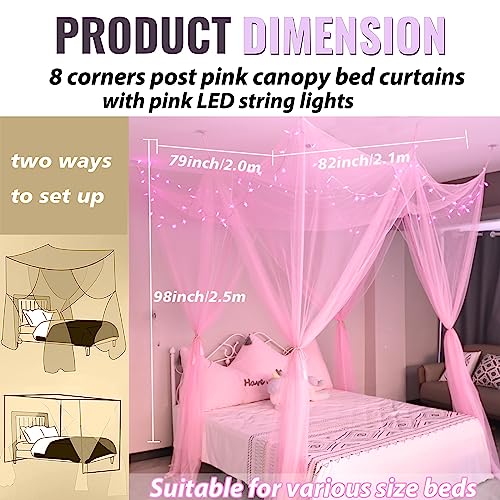 Pink Bed Canopy with Lights for Girls, 8 Corners Post Canopy Bed Curtain with Pink LED Star Lights Remote Control for Girls Bedroom, Hanging Princess Canopy for Twin Full Queen King Bed