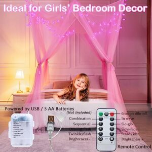 Pink Bed Canopy with Lights for Girls, 8 Corners Post Canopy Bed Curtain with Pink LED Star Lights Remote Control for Girls Bedroom, Hanging Princess Canopy for Twin Full Queen King Bed