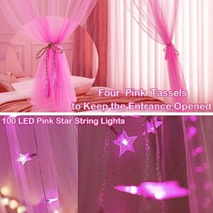 Pink Bed Canopy with Lights for Girls, 8 Corners Post Canopy Bed Curtain with Pink LED Star Lights Remote Control for Girls Bedroom, Hanging Princess Canopy for Twin Full Queen King Bed