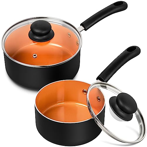 Michelangelo Nonstick Sauce Pan With Lid, 1QT&2QT Ceramic Saucepan, Copper Saucepans,PFAS-FREE Pot Set,Small Pots For Cooking,Multipurpose Cooking Pots Set For Home Kitchen,Dishwasher Safe