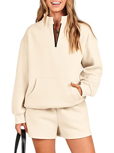 ANRABESS Women Two Piece Outfits 2023 Fall Clothes Set Sweatsuit Oversized Half Zipper Fleece Sweatshirt Casual Comfy Short Lounge Matching 1030mibai-S