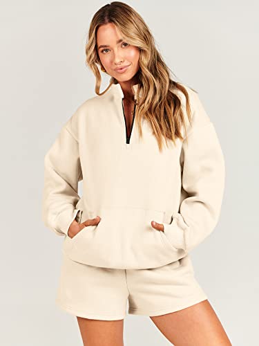 ANRABESS Women Two Piece Outfits 2023 Fall Clothes Set Sweatsuit Oversized Half Zipper Fleece Sweatshirt Casual Comfy Short Lounge Matching 1030mibai-S