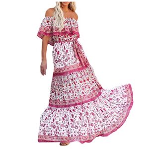 beach wedding guest dresses for women bohemian maxi long dresses trendy 2023 elegant off shoulder dress summer floral print flowy ruffle sundress girls