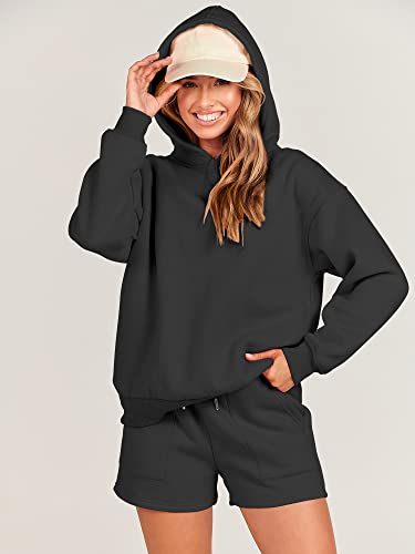 ANRABESS Women 2 Piece Outfits Hoodies Short Set Oversized Fleece Sweatshirt Shorts Sweatsuit Y2K 2023 Fall Clothes Lounge Matching Sweat Set 1046heise-L