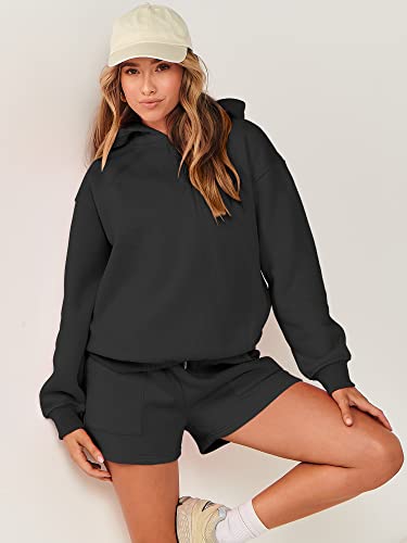 ANRABESS Women 2 Piece Outfits Hoodies Short Set Oversized Fleece Sweatshirt Shorts Sweatsuit Y2K 2023 Fall Clothes Lounge Matching Sweat Set 1046heise-L