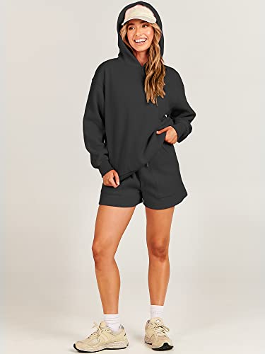 ANRABESS Women 2 Piece Outfits Hoodies Short Set Oversized Fleece Sweatshirt Shorts Sweatsuit Y2K 2023 Fall Clothes Lounge Matching Sweat Set 1046heise-L