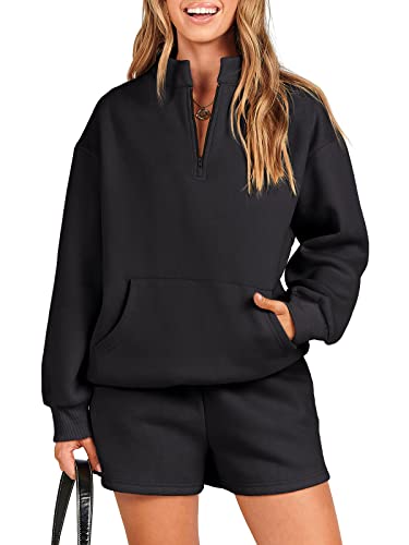 ANRABESS Women 2 Piece Outfits Fall Clothes Set Sweatsuit Oversized Half Zip Fleece Sweatshirt Casual Short Set Lounge Wear Tracksuit Set 2023 Trendy Sweat Set 1030heise-XL