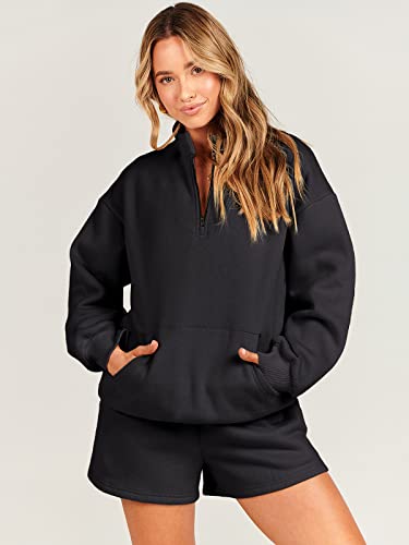 ANRABESS Women 2 Piece Outfits Fall Clothes Set Sweatsuit Oversized Half Zip Fleece Sweatshirt Casual Short Set Lounge Wear Tracksuit Set 2023 Trendy Sweat Set 1030heise-XL