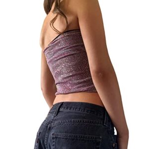 Y2k Lace Tube Top for Women Strapless Backless Mesh Sheer Slim Fit Crop Bandeau Sexy Sleeveless Going Out Clothing (Purple-1, L)