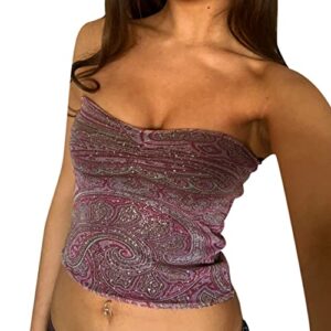 Y2k Lace Tube Top for Women Strapless Backless Mesh Sheer Slim Fit Crop Bandeau Sexy Sleeveless Going Out Clothing (Purple-1, L)