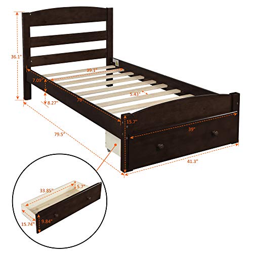 Anwickhomk Twin Size Platform Bed with Storage Drawer,Wood Platform Bed Frame with Headboard/Footboard/Slat Support,No Box Spring Needed (Espresso)