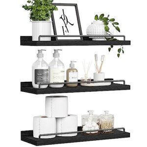 ryofobetto floating shelves for wall decor bathroom shelves over toilet, farmhouse wall shelves for living room, bedroom, picture frames, plants, kitchen (black, set of 3)