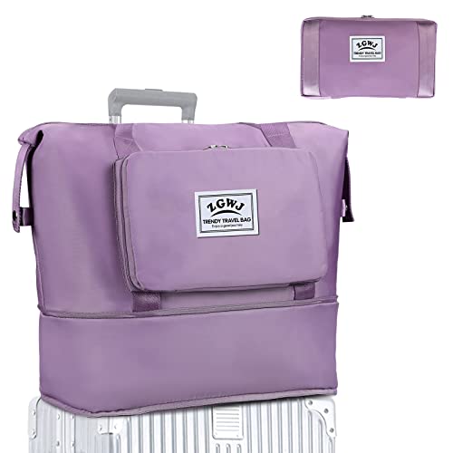 ZGWJ Travel Tote Bags, Expandable Overnight Weekender Bag for Women Foldable Carry-On Bag Hospital Bag Essentials Workout Bag Spirit Airlines Personal Item Bag with Trolley Sleeve, Purple