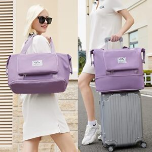 ZGWJ Travel Tote Bags, Expandable Overnight Weekender Bag for Women Foldable Carry-On Bag Hospital Bag Essentials Workout Bag Spirit Airlines Personal Item Bag with Trolley Sleeve, Purple