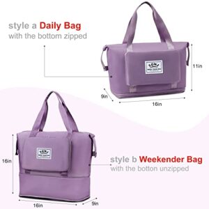 ZGWJ Travel Tote Bags, Expandable Overnight Weekender Bag for Women Foldable Carry-On Bag Hospital Bag Essentials Workout Bag Spirit Airlines Personal Item Bag with Trolley Sleeve, Purple