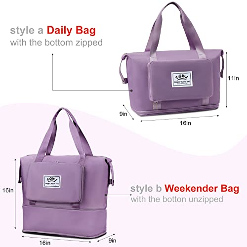 ZGWJ Travel Tote Bags, Expandable Overnight Weekender Bag for Women Foldable Carry-On Bag Hospital Bag Essentials Workout Bag Spirit Airlines Personal Item Bag with Trolley Sleeve, Purple