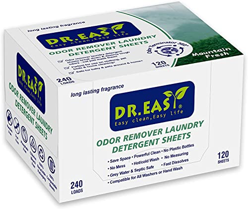 DR.EASY Odor Remover Laundry Detergent Sheets 240 loads Mountain Fresh,Easy To Carry Great For Travel,safe for pets,No mess No Dyes biodegradable formula