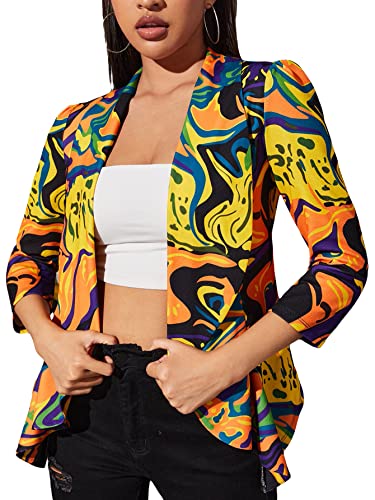 WDIRARA Women's Printed Open Front 3/4 Sleeve Blazer Ruffle Jacket Outerwear Printed Yellow L