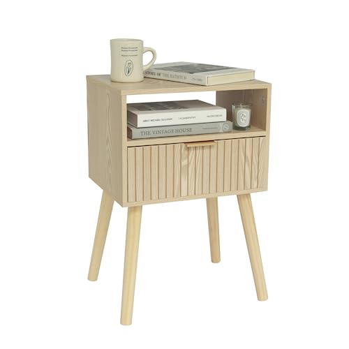 MaxSmeo Small Nightstand Wood Bedside Table with Drawer, Modern End Table for Bedroom and Small Spaces, Solid Wood Legs, Easy Assembly, Natural