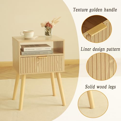 MaxSmeo Small Nightstand Wood Bedside Table with Drawer, Modern End Table for Bedroom and Small Spaces, Solid Wood Legs, Easy Assembly, Natural