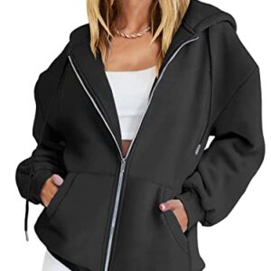 ANRABESS Women's Hoodies 2023 Fall Jacket Solid Athletic Tops Casual Long Sleeve Fleece Oversized Sweatshirts Cute Teen Girl Zip Up Clothes Black A989heise-S