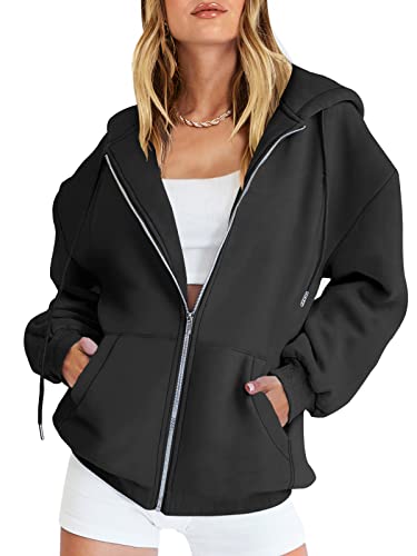 ANRABESS Women's Hoodies 2023 Fall Jacket Solid Athletic Tops Casual Long Sleeve Fleece Oversized Sweatshirts Cute Teen Girl Zip Up Clothes Black A989heise-S