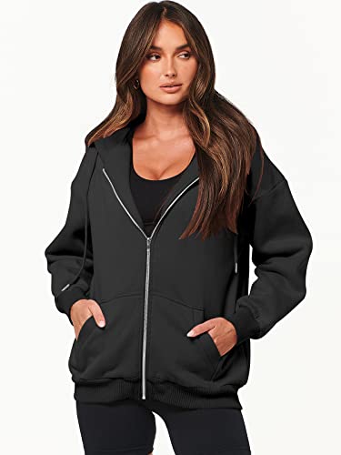 ANRABESS Women's Hoodies 2023 Fall Jacket Solid Athletic Tops Casual Long Sleeve Fleece Oversized Sweatshirts Cute Teen Girl Zip Up Clothes Black A989heise-S