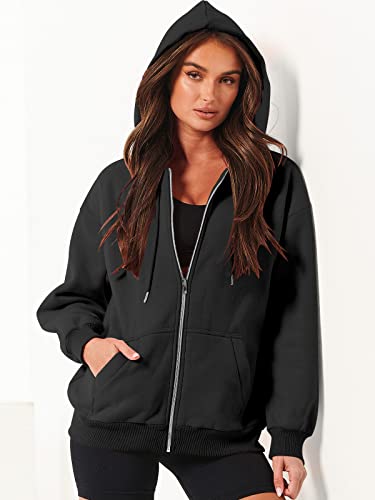 ANRABESS Women's Hoodies 2023 Fall Jacket Solid Athletic Tops Casual Long Sleeve Fleece Oversized Sweatshirts Cute Teen Girl Zip Up Clothes Black A989heise-S