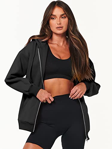 ANRABESS Women's Hoodies 2023 Fall Jacket Solid Athletic Tops Casual Long Sleeve Fleece Oversized Sweatshirts Cute Teen Girl Zip Up Clothes Black A989heise-S